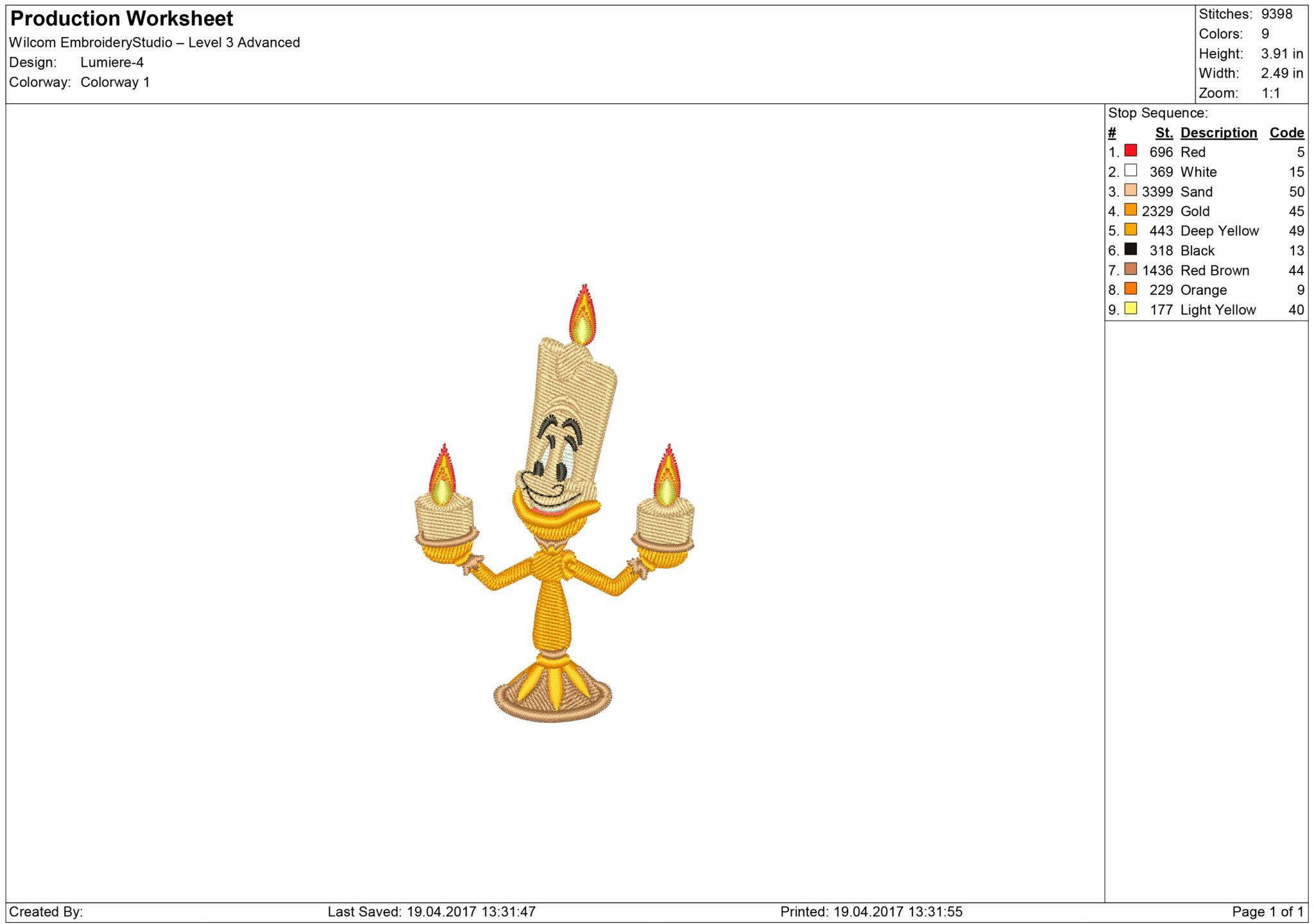 Beauty and the Beast Lumiere embroidery design files