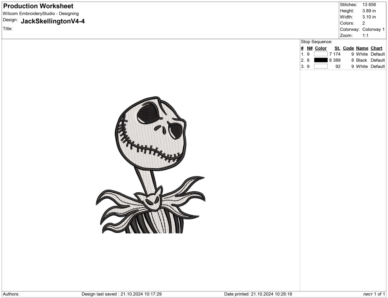 Jack Skellington embroidery design for machine embroidery