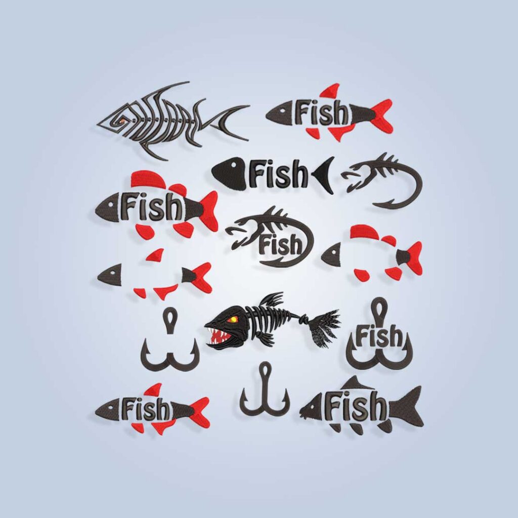 Fishing embroidery design files for machine embroidery