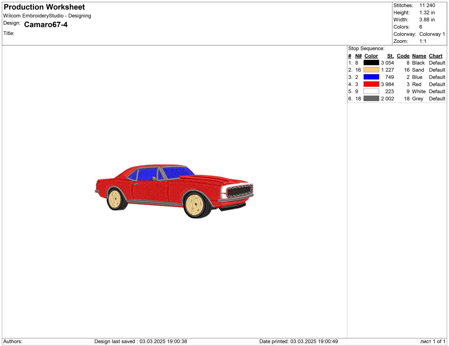 Muscle Car Chevrolet Camaro SS 67 Embroidery design files