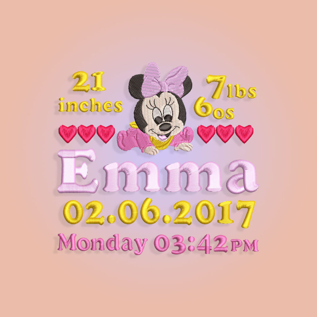 Minnie Mouse Baby Birth Announcement Embroidery design files